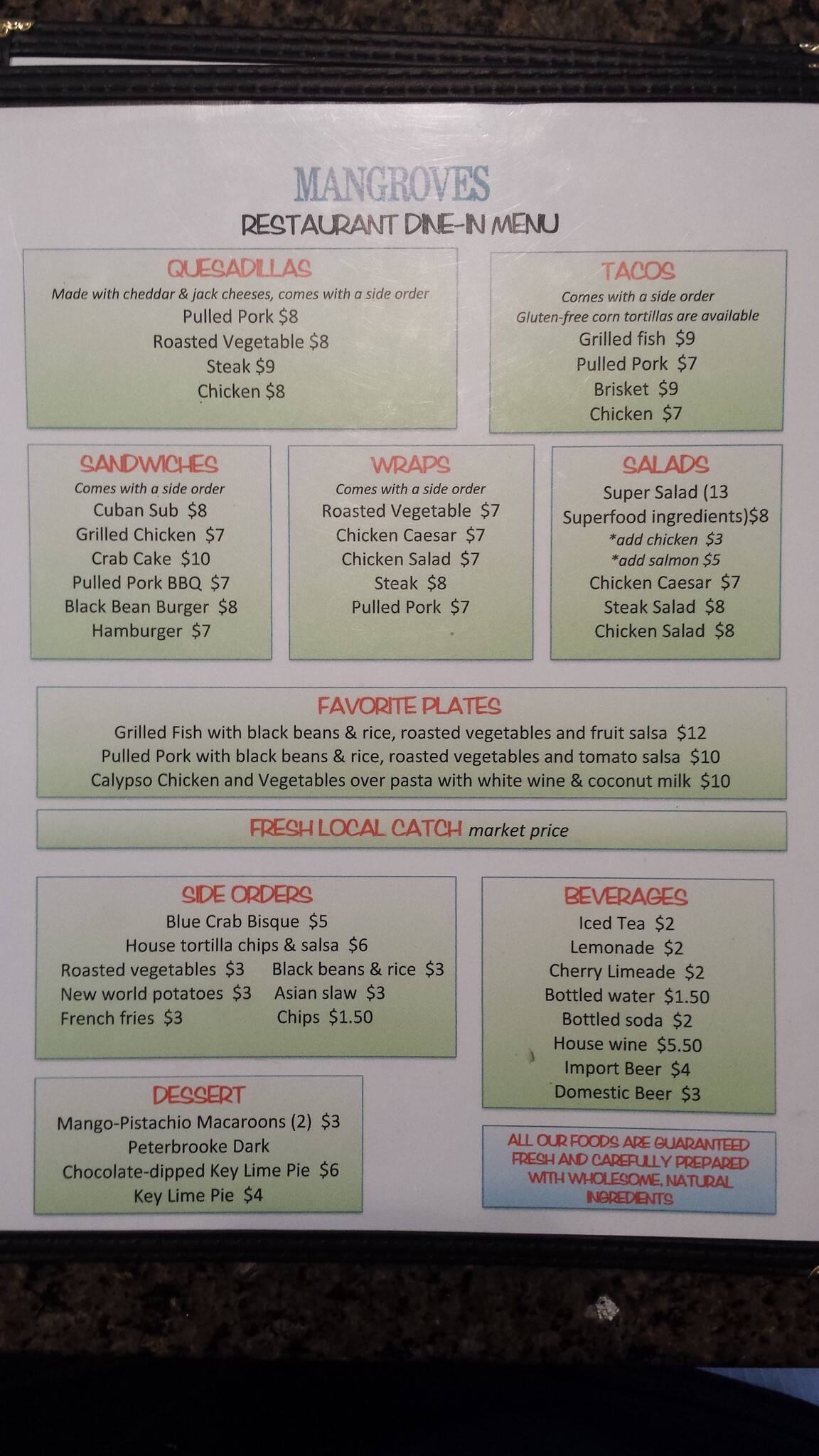 Menu at Mangroves restaurant, Ponte Vedra Beach, 880 A1A N #9