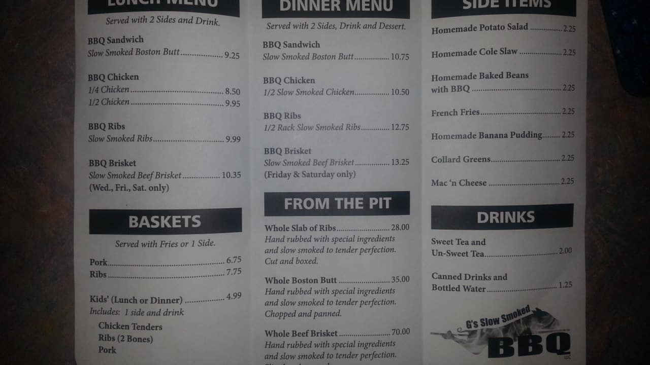 Menu At Gs Slow Smoked Bbq Middleburg Henley Rd