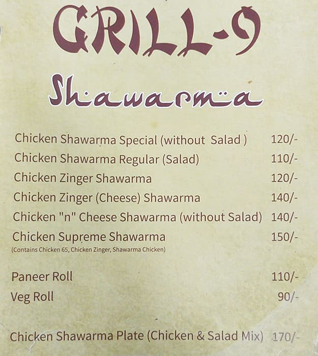 Menu of Grill 9, S D Road, Secunderabad