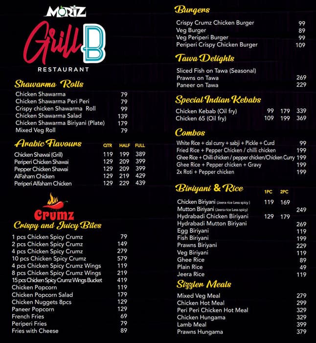 Menu of Moriz GrillB Family Restaurant, Hennur, Bangalore
