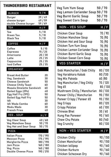 Menu of Thunder Bird Restaurant, Vasai, Mumbai