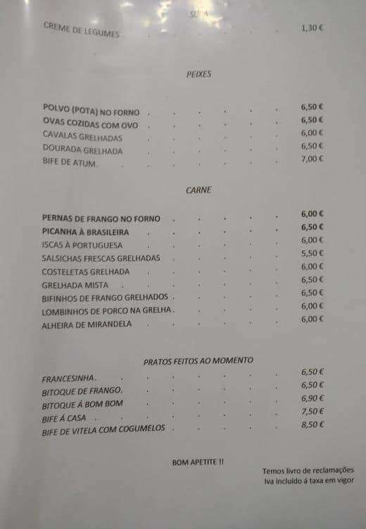 Menu at Bom Bom restaurant, Lisbon, Av. Duque de Loulé 100