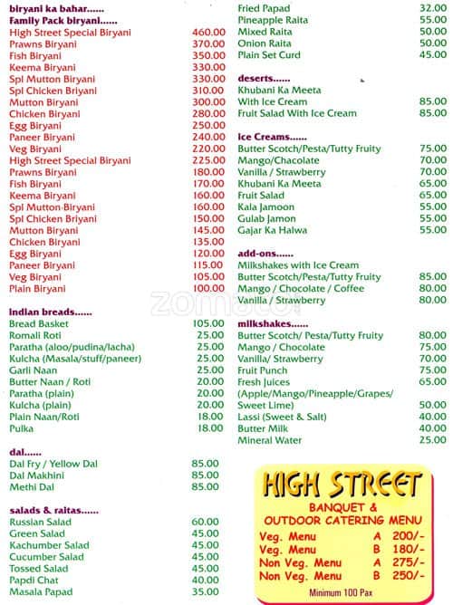 Menu at High Street, Hyderabad