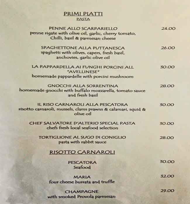 Menu at Isola D'Ischia restaurant, Balmain