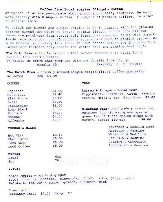 Menu at Market St Cafe, Adelaide