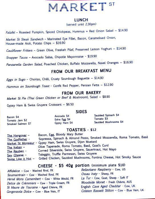 Menu at Market St Cafe, Adelaide