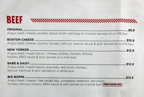 Menu at Burger Urge restaurant, Brisbane Airport, Airport Dr