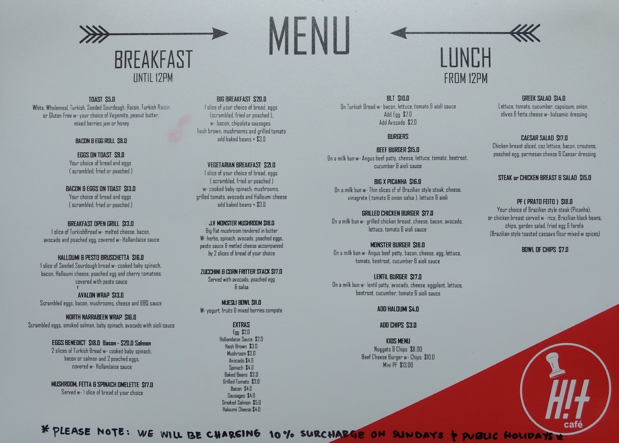 Menu at Hit Cafe, Narrabeen