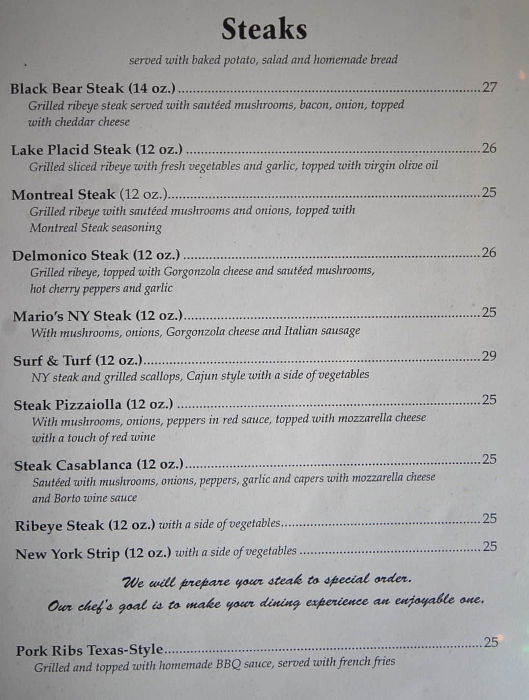 Menu at Black Bear Restaurant, Lake Placid