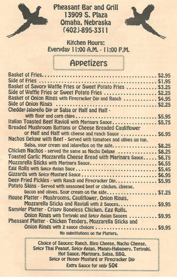 Menu at Pheasant Bar and Grill, Omaha