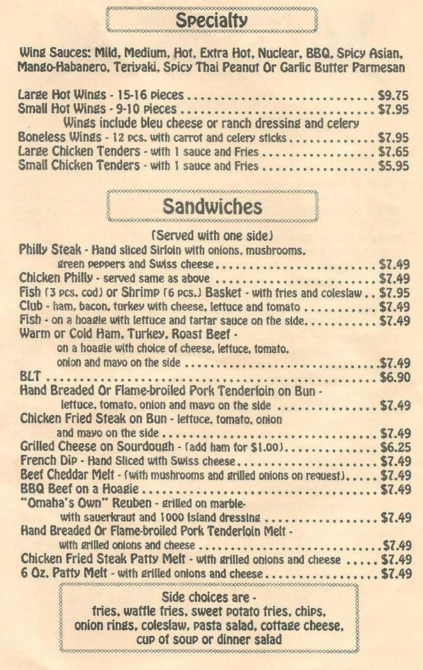Menu at Pheasant Bar and Grill, Omaha