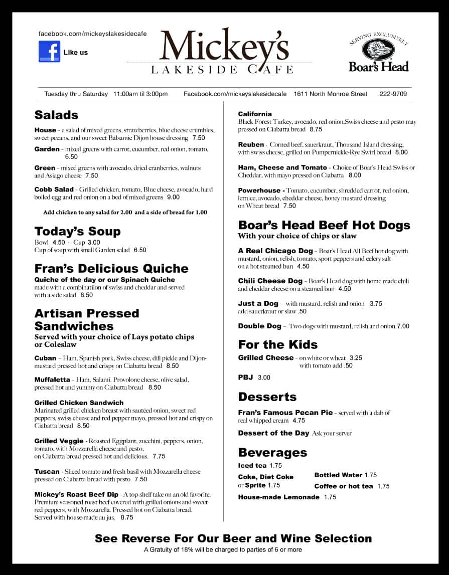 Carta de Mickey's Lakeside Cafe, Tallahassee