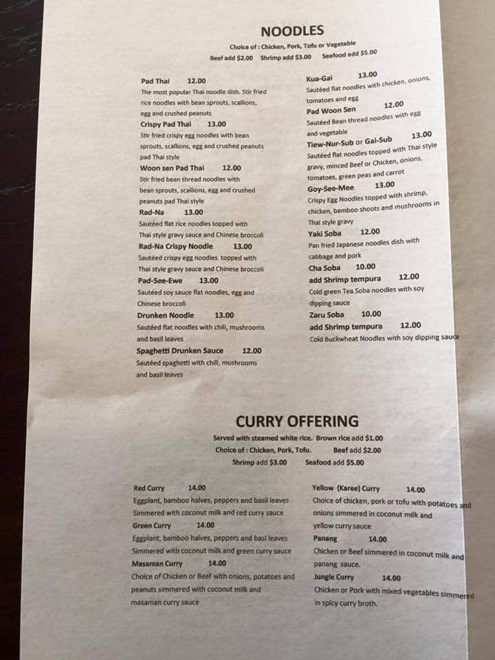 Menu at Basil Thai restaurant, Blue Ash