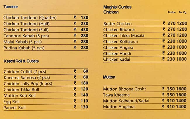 Menu of Zakis Biryani, Panaji, Goa