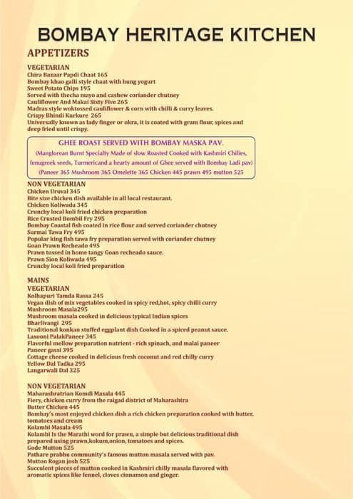 Menu of Bombay Heritage Kitchen, Byculla, Mumbai