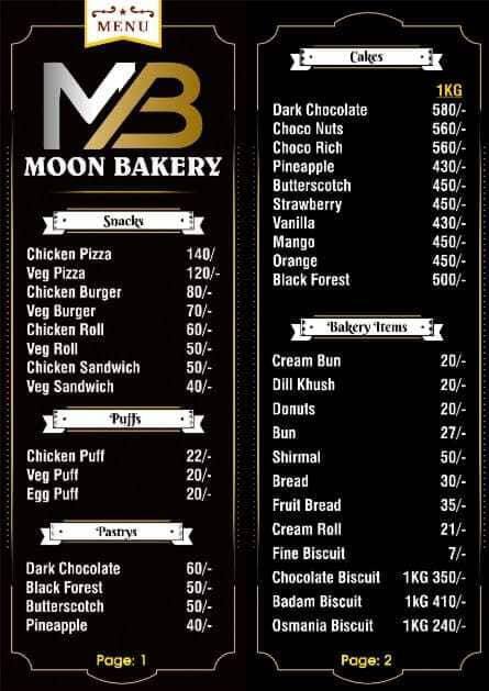 Menu of Moon Bakery, Tolichowki, Hyderabad