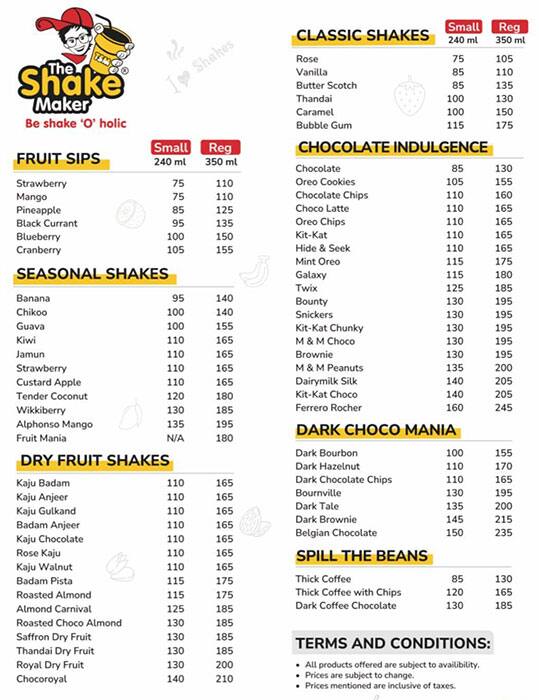 Menu of The Shake Maker, Bodakdev, Ahmedabad