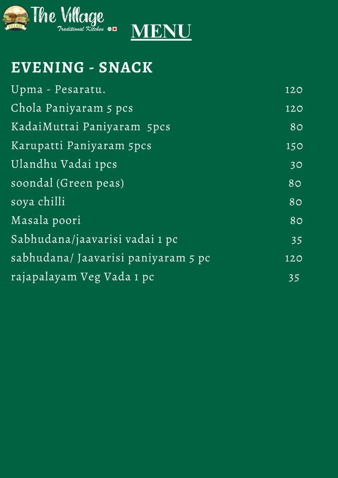 Menu of The Village, Alwarpet, Chennai