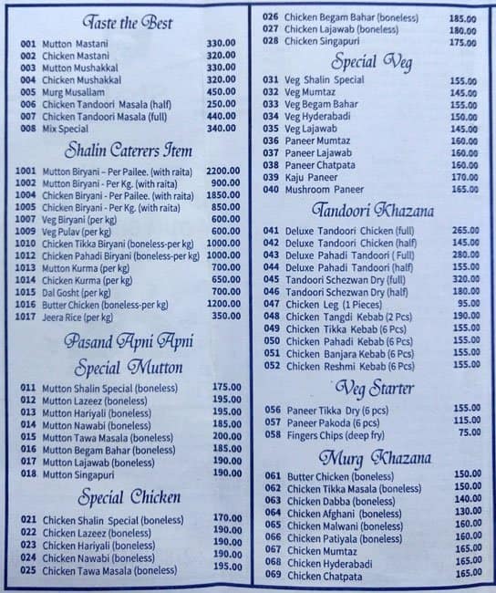 Menu at Shalin, Navi Mumbai, Laxman Commercial Complex