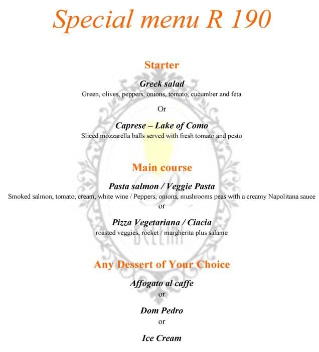 Carta del restaurante Bellini Trattoria, Ciudad del Cabo