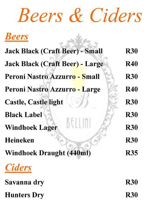 Carta del restaurante Bellini Trattoria, Ciudad del Cabo