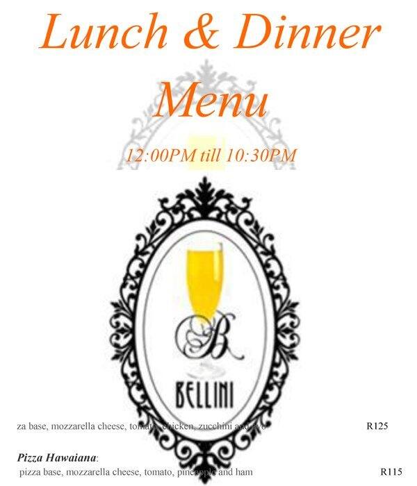 Carta del restaurante Bellini Trattoria, Ciudad del Cabo