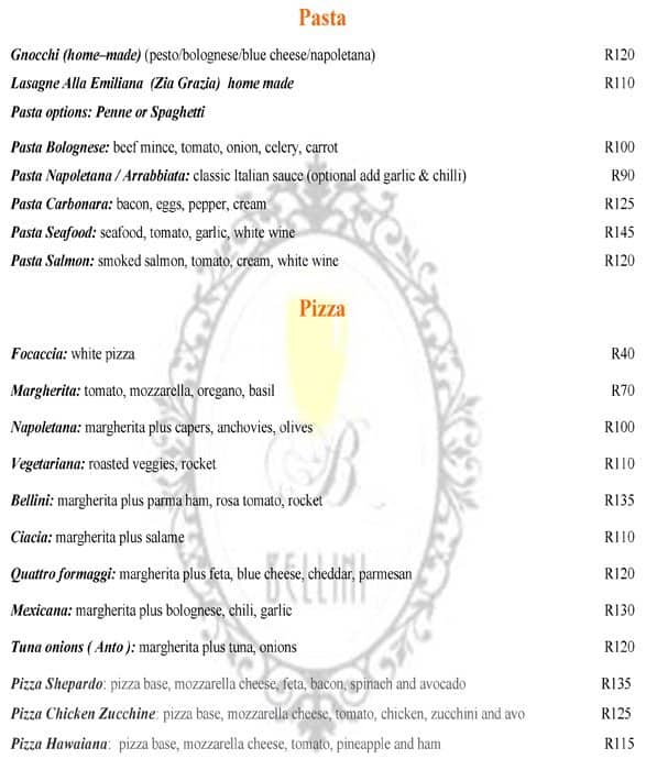 Carta del restaurante Bellini Trattoria, Ciudad del Cabo