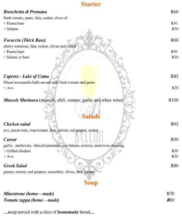 Carta del restaurante Bellini Trattoria, Ciudad del Cabo