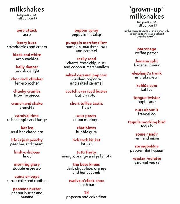 Menu at Milkshake Bar - Protea, Johannesburg