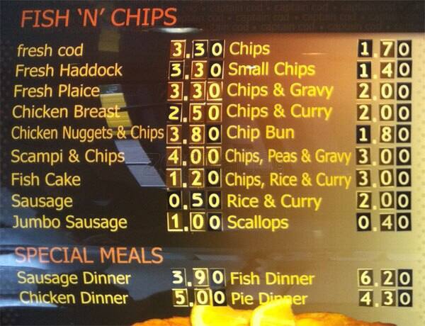 Menu at Captain Cod fast food, Salford, 189 Eccles Old Rd