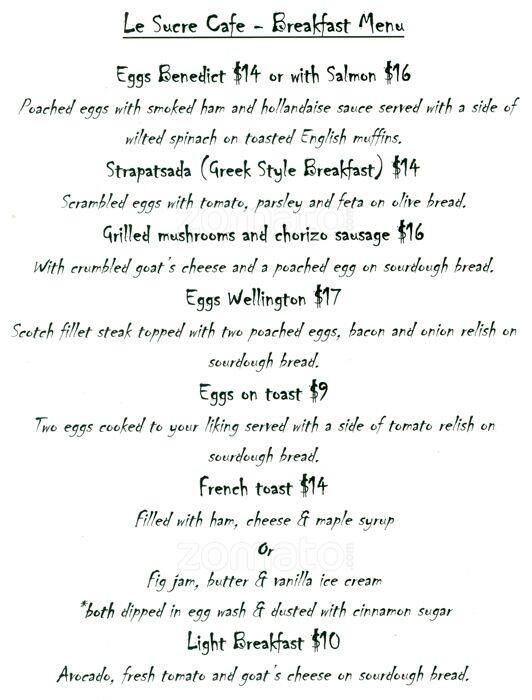 Menu at Le Sucre Cafe, Melbourne