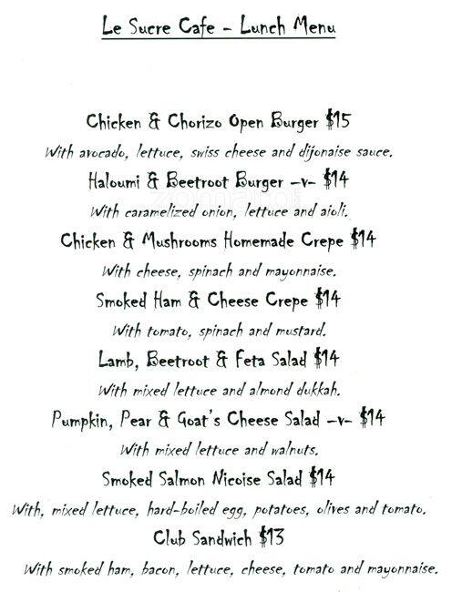 Carta de Le Sucre Cafe, Melbourne