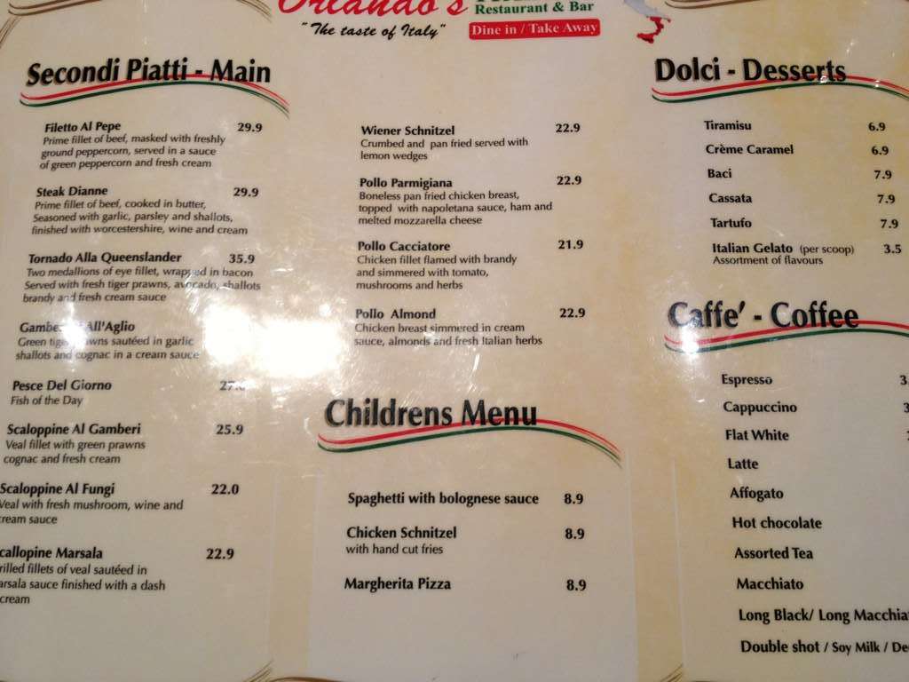 Menu at Orlando's Italian Restaurant & Bar, Woolloongabba