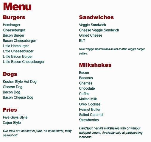 Menu at Five Guys restaurant, Port Coquitlam