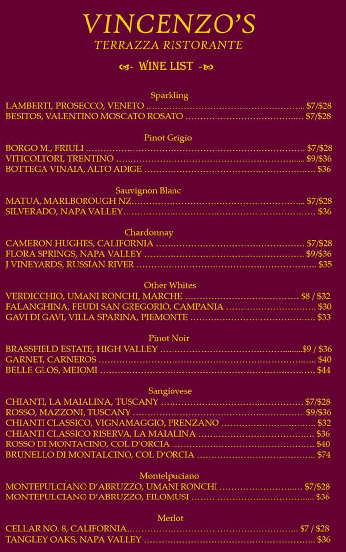Menu at Vincenzo's Terrazza pub & bar, West Covina