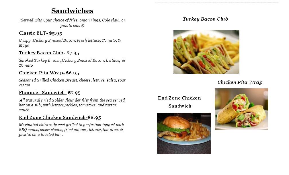 Menu at End Zone Lounge & Bar, Raleigh