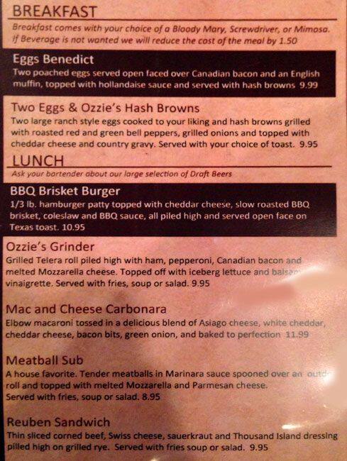 Menu at Ozzies Place pub & bar, Silverdale