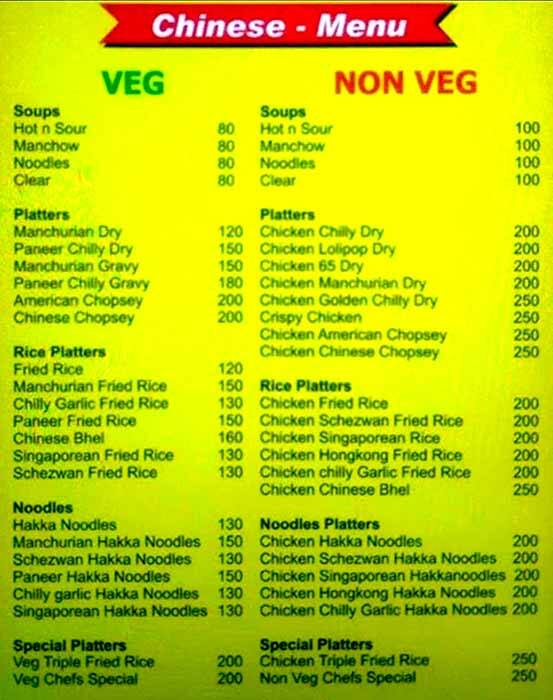 Menu of Chinese World, Powai, Mumbai