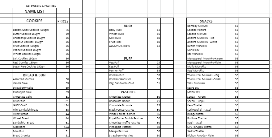 Menu of Abi Sweets And Pastries, Medavakkam, Chennai
