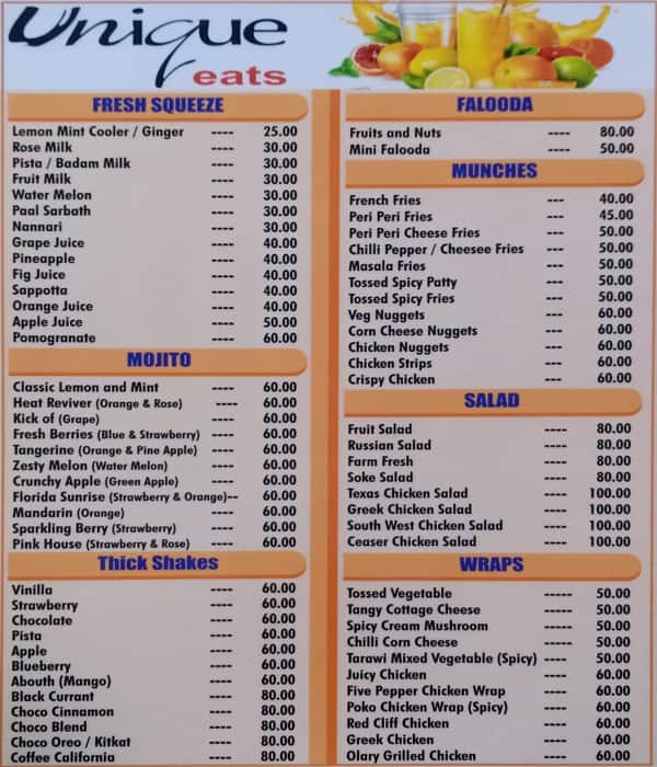 Menu of Unique Eat's, Kolathur, Chennai