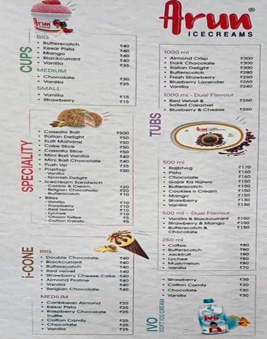 Menu at Arun Ice Cream, Jatni