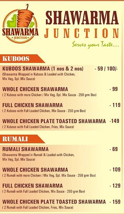 Menu of Shawarma Junction, Hosur Road, Bangalore