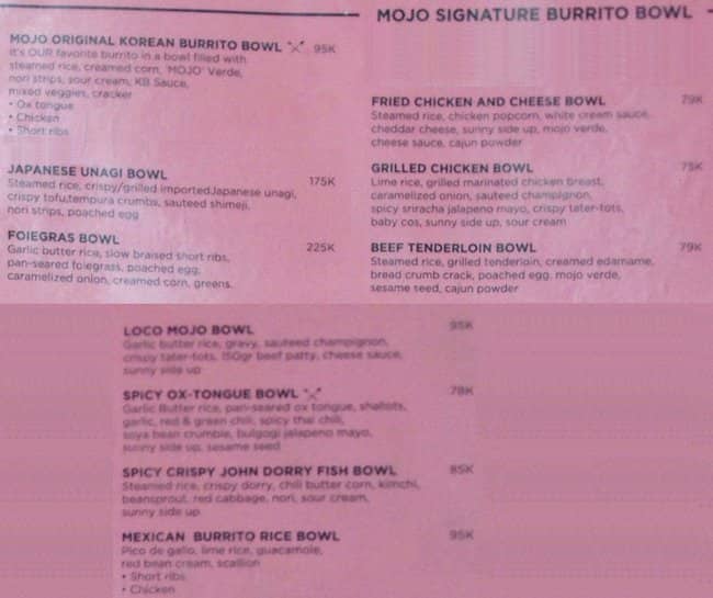 Menu at Mojo Kitchen & Bar, Jakarta