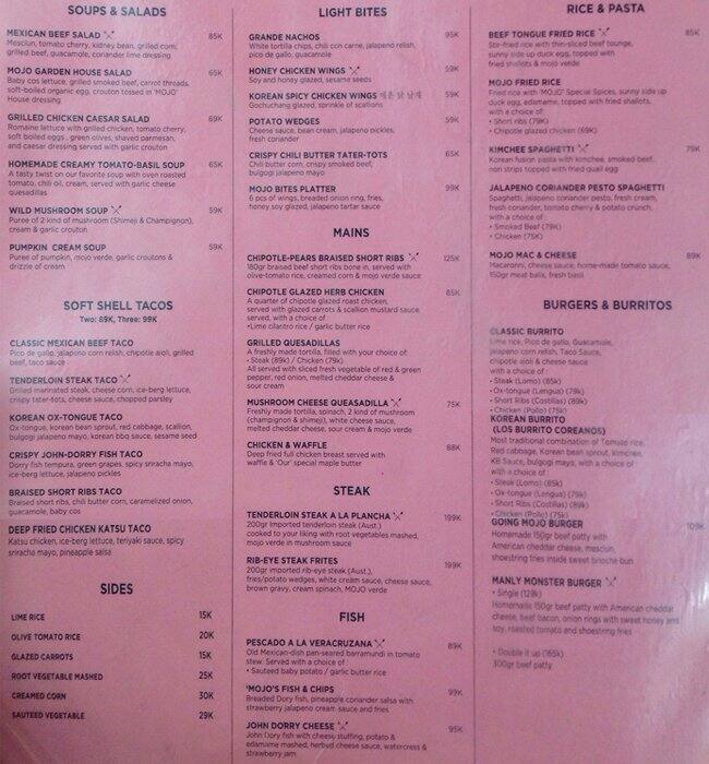 Menu at Mojo Kitchen & Bar, Jakarta