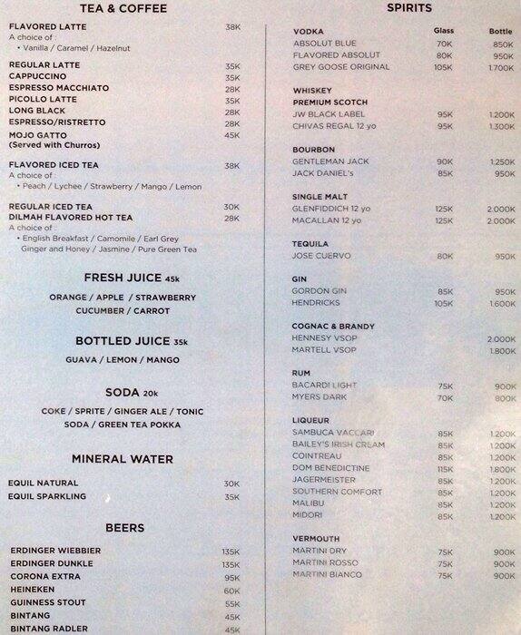 Menu at Mojo Kitchen & Bar, Jakarta