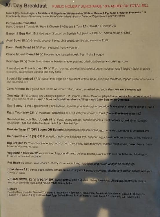 Menu at Chaos Cafe, Neutral Bay