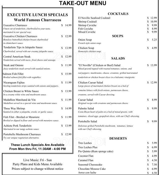 Menu at El Novillo Restaurant, Miami Lakes