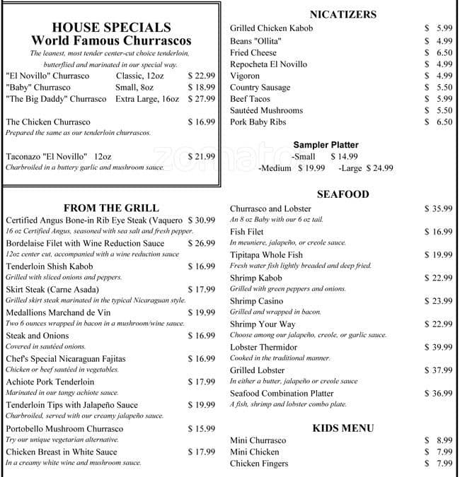 Menu at El Novillo Restaurant, Miami Lakes