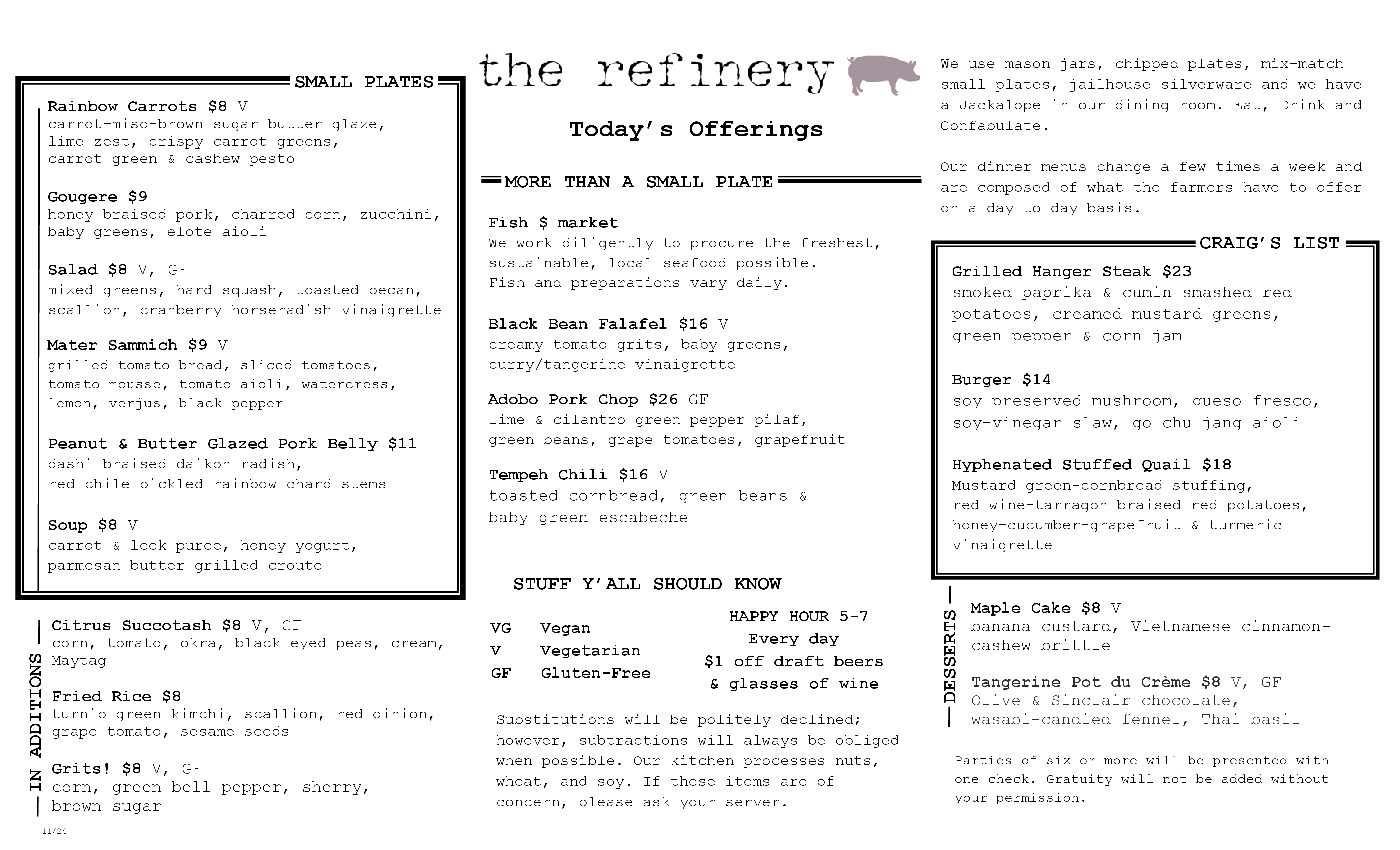 The Refinery menu, Menu restauracji The Refinery, Seminole Heights ...