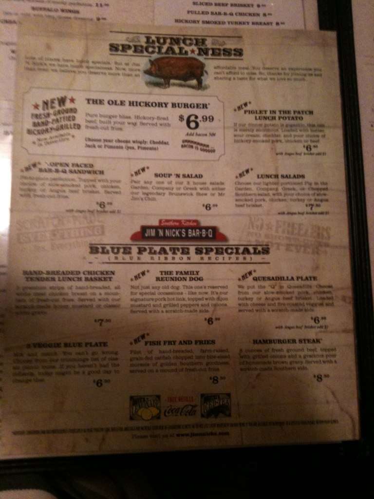 Menu at Jim 'n Nick's Bar-B-Q, Nashville, Charlotte Pike